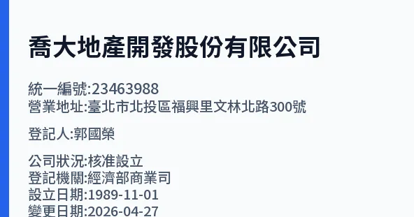 喬大地產開發股份有限公司的照片-統編 23463988(臺北市) 公司登記資料與營業項目詳細圖表
