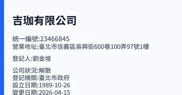 吉珈有限公司的照片-統編 23466845(臺北市) 公司登記資料與營業項目詳細圖表