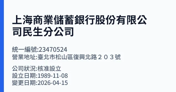 上海商業儲蓄銀行股份有限公司民生分公司的照片-統編 23470524(臺北市) 公司登記資料與營業項目詳細圖表