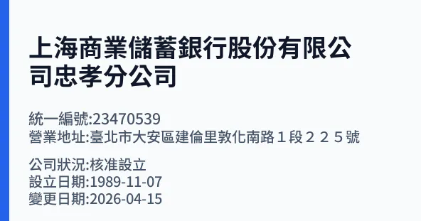 上海商業儲蓄銀行股份有限公司忠孝分公司的照片-統編 23470539(臺北市) 公司登記資料與營業項目詳細圖表