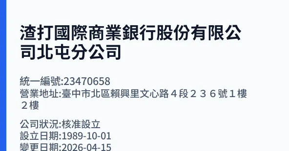 渣打國際商業銀行股份有限公司北屯分公司的照片-統編 23470658(臺中市) 公司登記資料與營業項目詳細圖表
