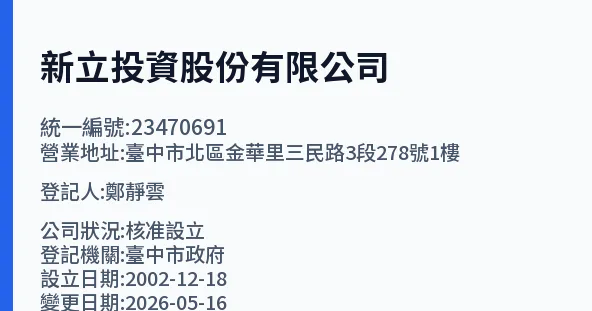 新立投資股份有限公司的照片-統編 23470691(臺中市) 公司登記資料與營業項目詳細圖表