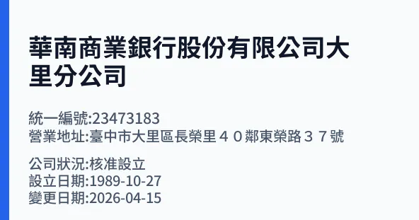 華南商業銀行股份有限公司大里分公司的照片-統編 23473183(臺中市) 公司登記資料與營業項目詳細圖表