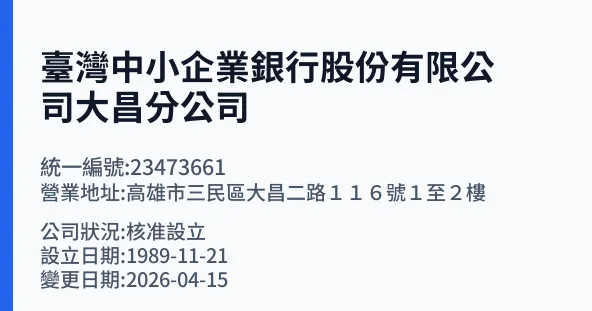 臺灣中小企業銀行股份有限公司大昌分公司的照片-統編 23473661(高雄市) 公司登記資料與營業項目詳細圖表