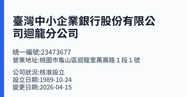 臺灣中小企業銀行股份有限公司迴龍分公司的照片-統編 23473677(桃園市) 公司登記資料與營業項目詳細圖表