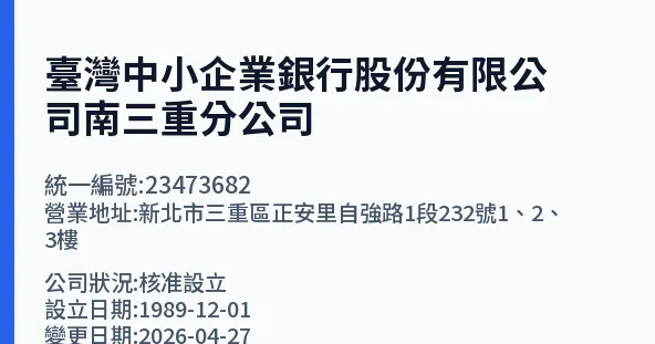 臺灣中小企業銀行股份有限公司南三重分公司的照片-統編 23473682(新北市) 公司登記資料與營業項目詳細圖表