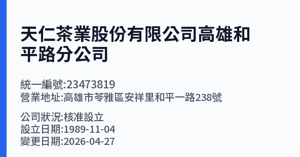 天仁茶業股份有限公司高雄和平路分公司的照片-統編 23473819(高雄市) 公司登記資料與營業項目詳細圖表