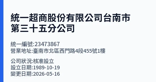 統一超商股份有限公司台南市第三十五分公司的照片-統編 23473867(臺南市) 公司登記資料與營業項目詳細圖表