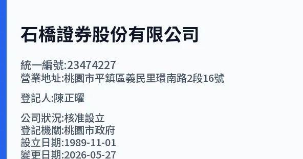 石橋證券股份有限公司的照片-統編 23474227(桃園市) 公司登記資料與營業項目詳細圖表