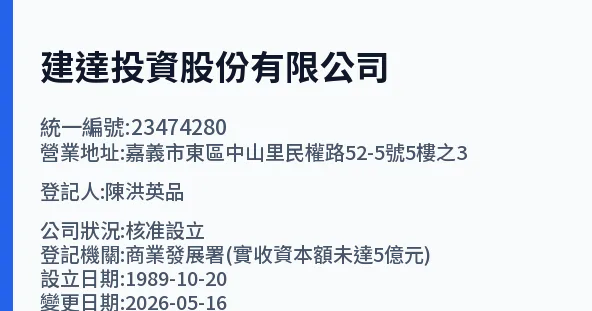 建達投資股份有限公司的照片-統編 23474280(嘉義市) 公司登記資料與營業項目詳細圖表