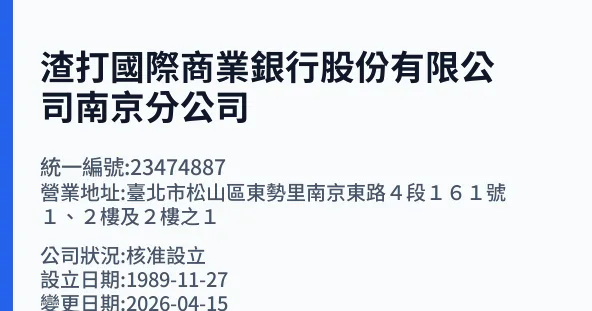 渣打國際商業銀行股份有限公司南京分公司的照片-統編 23474887(臺北市) 公司登記資料與營業項目詳細圖表