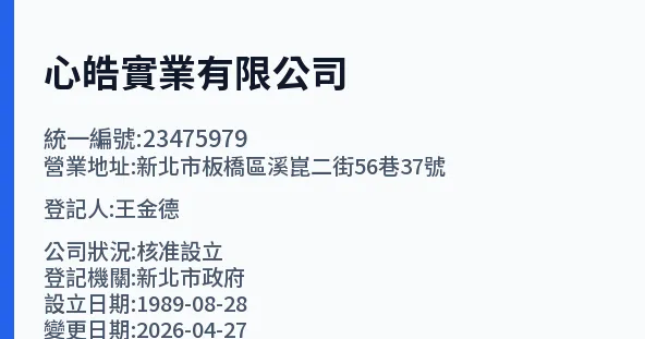 心皓實業有限公司的照片-統編 23475979(新北市) 公司登記資料與營業項目詳細圖表