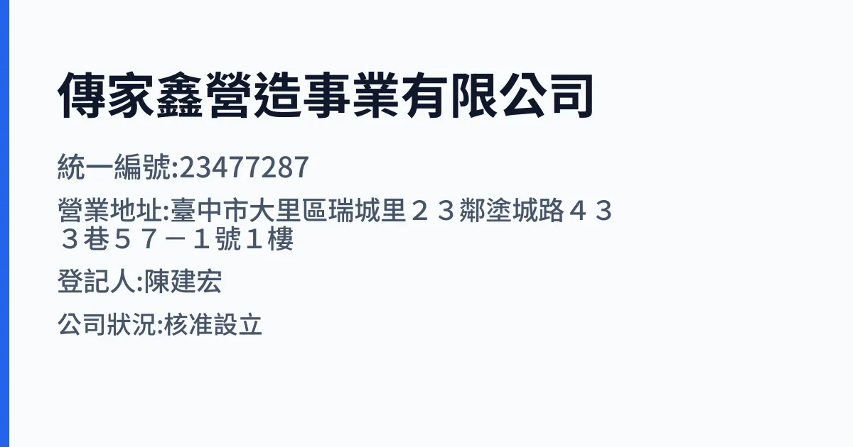 傳家鑫營造事業有限公司 - 統編 23477287(臺中市) 公司登記資料與營業項目詳細圖表