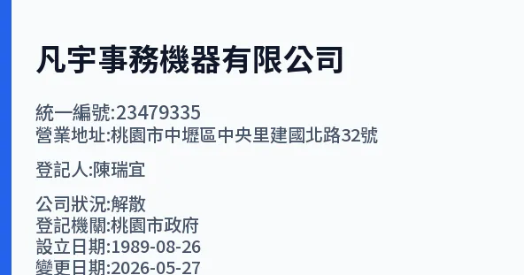 凡宇事務機器有限公司的照片-統編 23479335(桃園市) 公司登記資料與營業項目詳細圖表