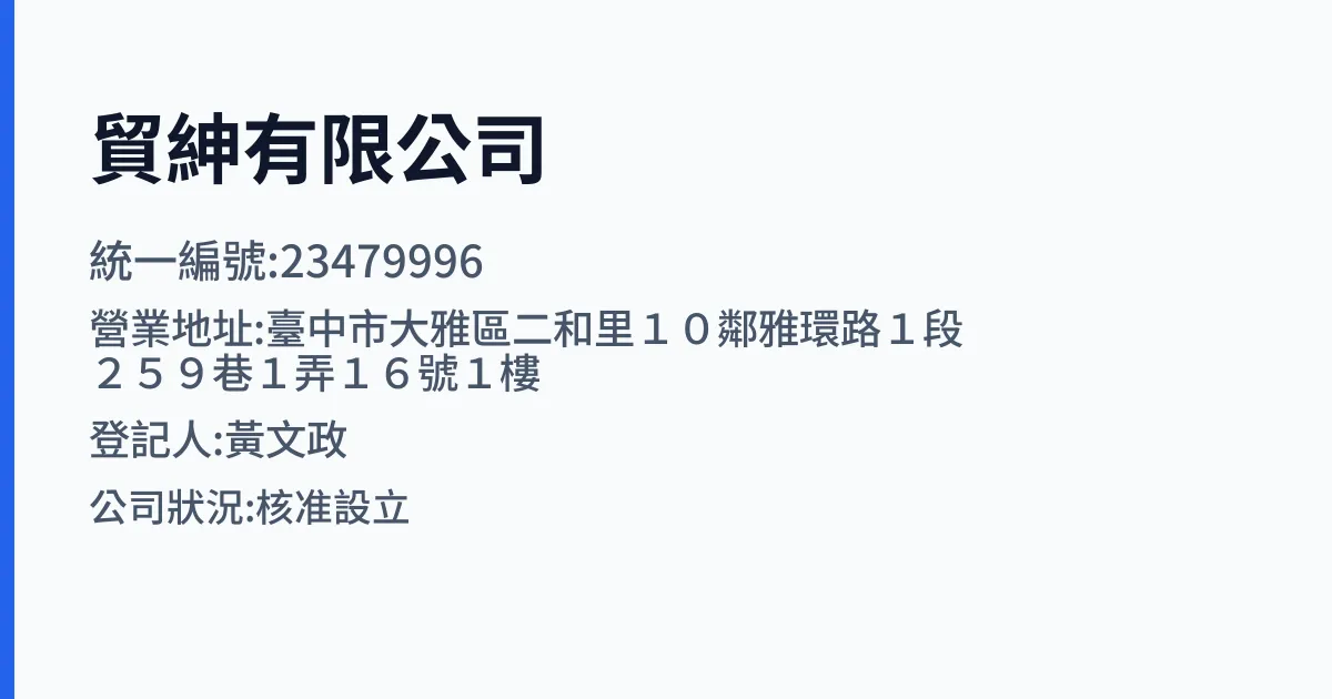 貿紳有限公司 - 統編 23479996(臺中市) 公司登記資料與營業項目詳細圖表