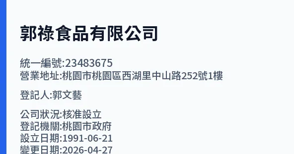 郭祿食品有限公司的照片-統編 23483675(桃園市) 公司登記資料與營業項目詳細圖表