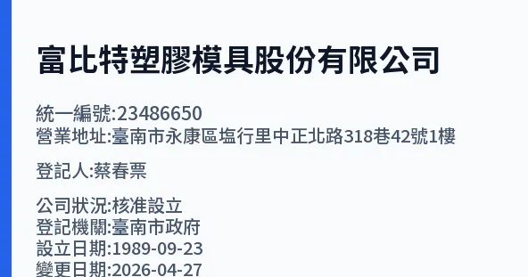 富比特塑膠模具股份有限公司的照片-統編 23486650(臺南市) 公司登記資料與營業項目詳細圖表