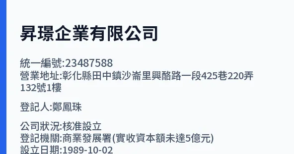 昇璟企業有限公司的照片-統編 23487588(彰化縣) 公司登記資料與營業項目詳細圖表