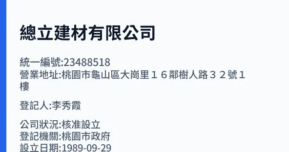 總立建材有限公司的照片-統編 23488518(桃園市) 公司登記資料與營業項目詳細圖表