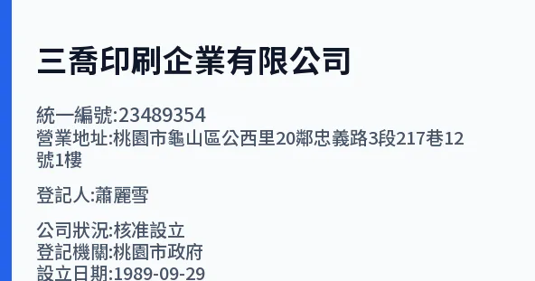 三喬印刷企業有限公司的照片-統編 23489354(桃園市) 公司登記資料與營業項目詳細圖表