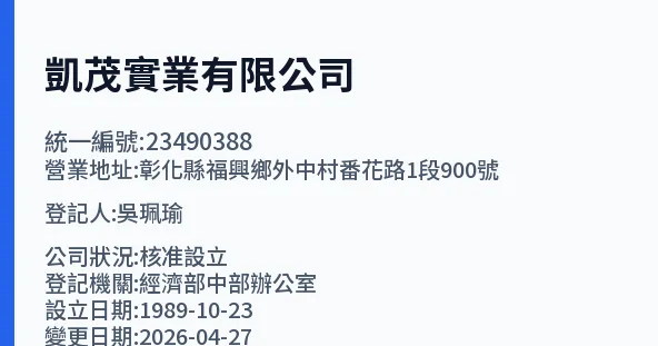凱茂實業有限公司的照片-統編 23490388(彰化縣) 公司登記資料與營業項目詳細圖表