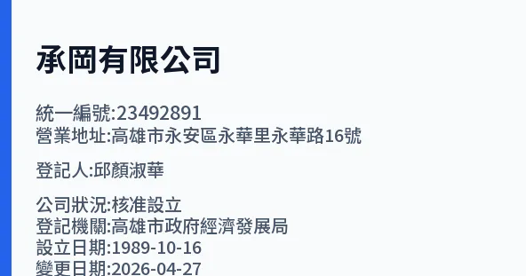 承岡有限公司的照片-統編 23492891(高雄市) 公司登記資料與營業項目詳細圖表
