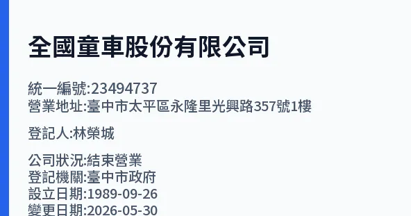全國童車股份有限公司的照片-統編 23494737(臺中市) 公司登記資料與營業項目詳細圖表