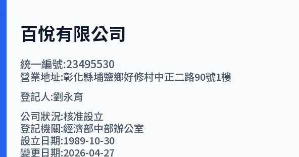 百悅有限公司的照片-統編 23495530(彰化縣) 公司登記資料與營業項目詳細圖表