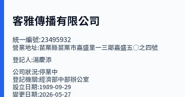 客雅傳播有限公司的照片-統編 23495932(苗栗縣) 公司登記資料與營業項目詳細圖表