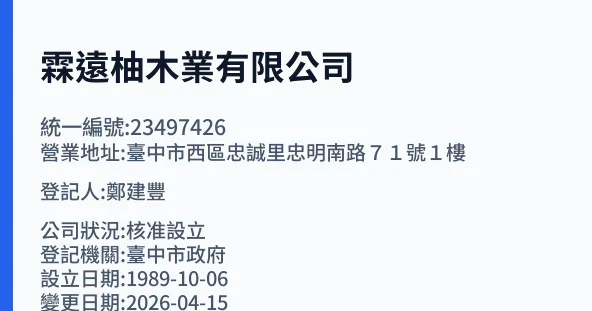 霖遠柚木業有限公司的照片-統編 23497426(臺中市) 公司登記資料與營業項目詳細圖表