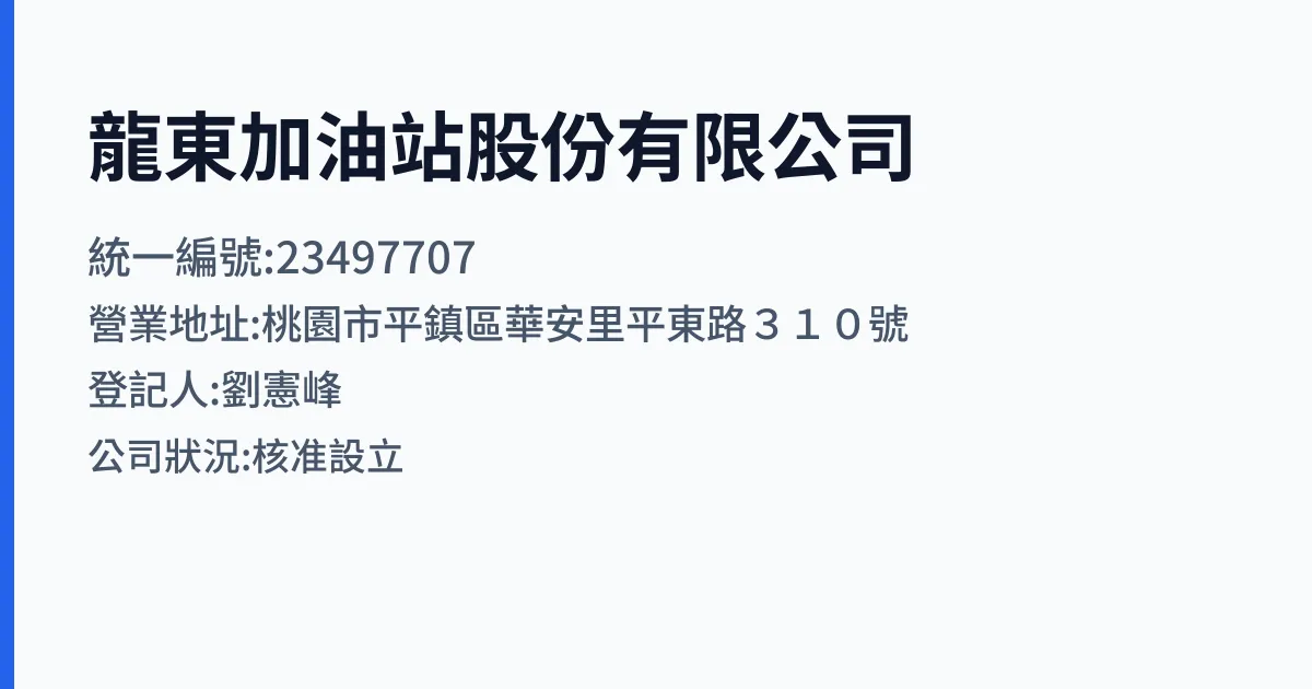 龍東加油站股份有限公司 - 統編 23497707(桃園市) 公司登記資料與營業項目詳細圖表