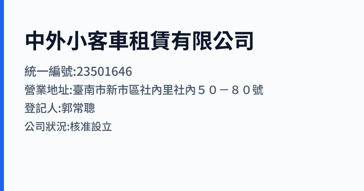 中外小客車租賃有限公司 - 統編 23501646（臺南市） 公司登記資料與營業項目詳細圖表