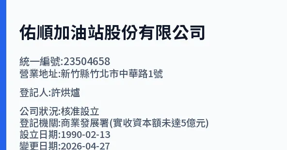 佑順加油站股份有限公司的照片-統編 23504658(新竹縣) 公司登記資料與營業項目詳細圖表