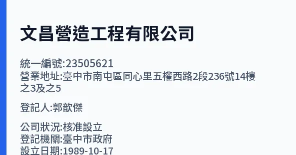 文昌營造工程有限公司的照片-統編 23505621(臺中市) 公司登記資料與營業項目詳細圖表