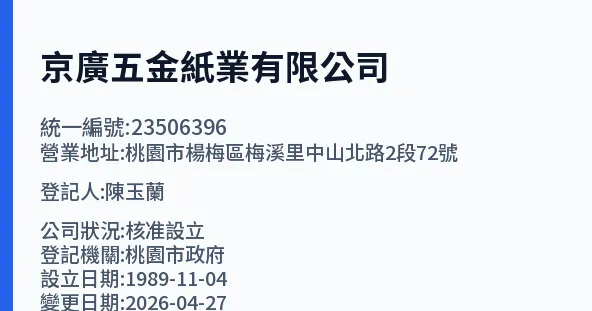 京廣五金紙業有限公司的照片-統編 23506396(桃園市) 公司登記資料與營業項目詳細圖表