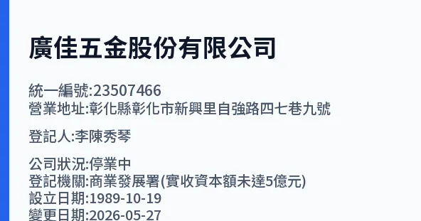 廣佳五金股份有限公司的照片-統編 23507466(彰化縣) 公司登記資料與營業項目詳細圖表