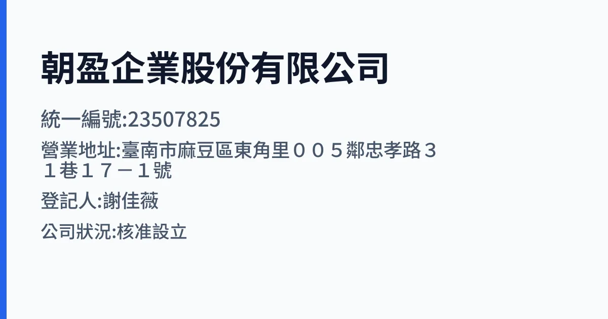 朝盈企業股份有限公司 - 統編 23507825(臺南市) 公司登記資料與營業項目詳細圖表
