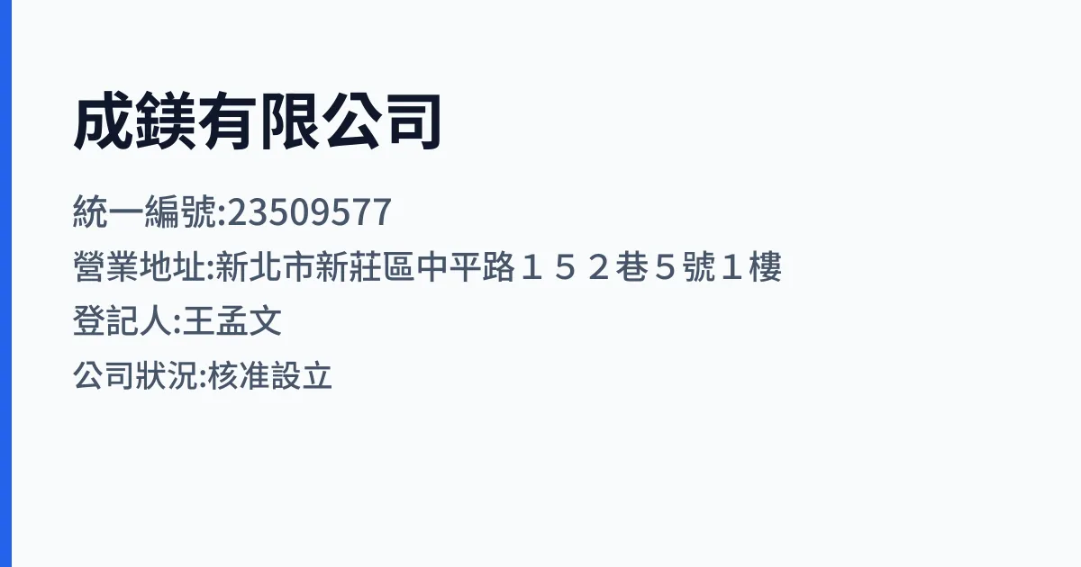 成鎂有限公司 - 統編 23509577(新北市) 公司登記資料與營業項目詳細圖表