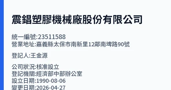 震錩塑膠機械廠股份有限公司的照片-統編 23511588(嘉義縣) 公司登記資料與營業項目詳細圖表