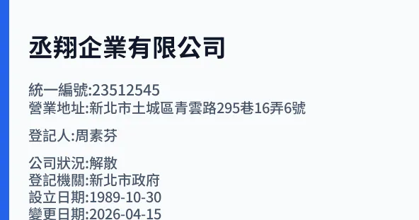 丞翔企業有限公司的照片-統編 23512545(新北市) 公司登記資料與營業項目詳細圖表