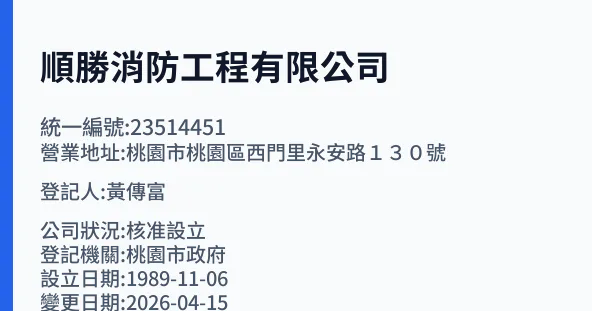 順勝消防工程有限公司的照片-統編 23514451(桃園市) 公司登記資料與營業項目詳細圖表