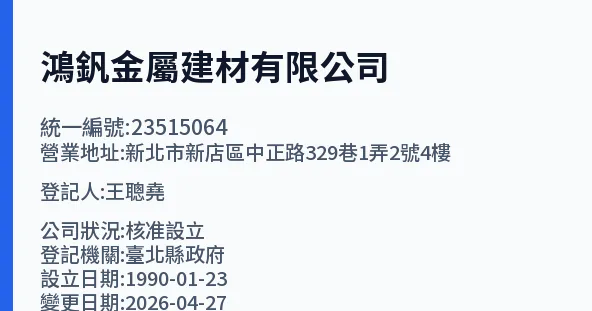 鴻釩金屬建材有限公司的照片-統編 23515064(新北市) 公司登記資料與營業項目詳細圖表