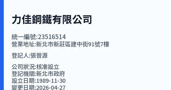 力佳鋼鐵有限公司的照片-統編 23516514(新北市) 公司登記資料與營業項目詳細圖表