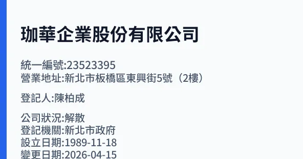 珈華企業股份有限公司的照片-統編 23523395(新北市) 公司登記資料與營業項目詳細圖表