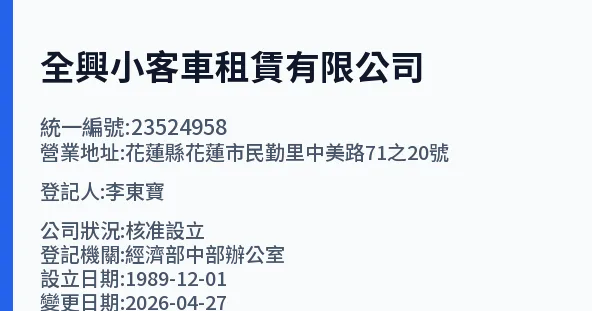 全興小客車租賃有限公司的照片-統編 23524958(花蓮縣) 公司登記資料與營業項目詳細圖表