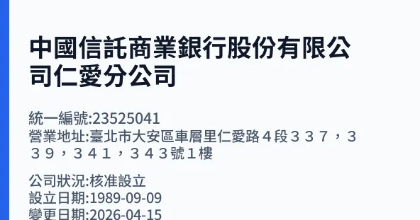 中國信託商業銀行股份有限公司仁愛分公司的照片-統編 23525041(臺北市) 公司登記資料與營業項目詳細圖表