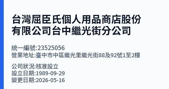 台灣屈臣氏個人用品商店股份有限公司台中繼光街分公司的照片-統編 23525056(臺中市) 公司登記資料與營業項目詳細圖表