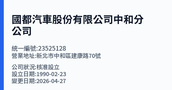 國都汽車股份有限公司中和分公司的照片-統編 23525128(新北市) 公司登記資料與營業項目詳細圖表