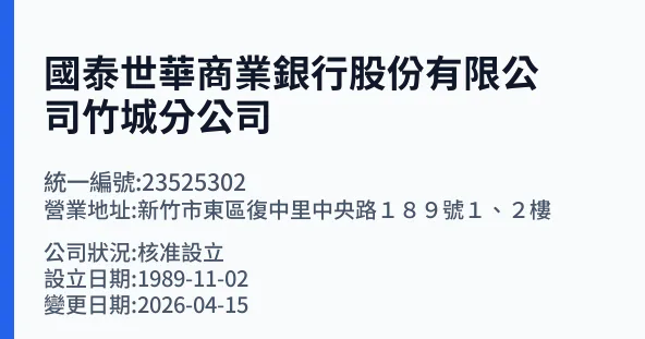 國泰世華商業銀行股份有限公司竹城分公司的照片-統編 23525302(新竹市) 公司登記資料與營業項目詳細圖表