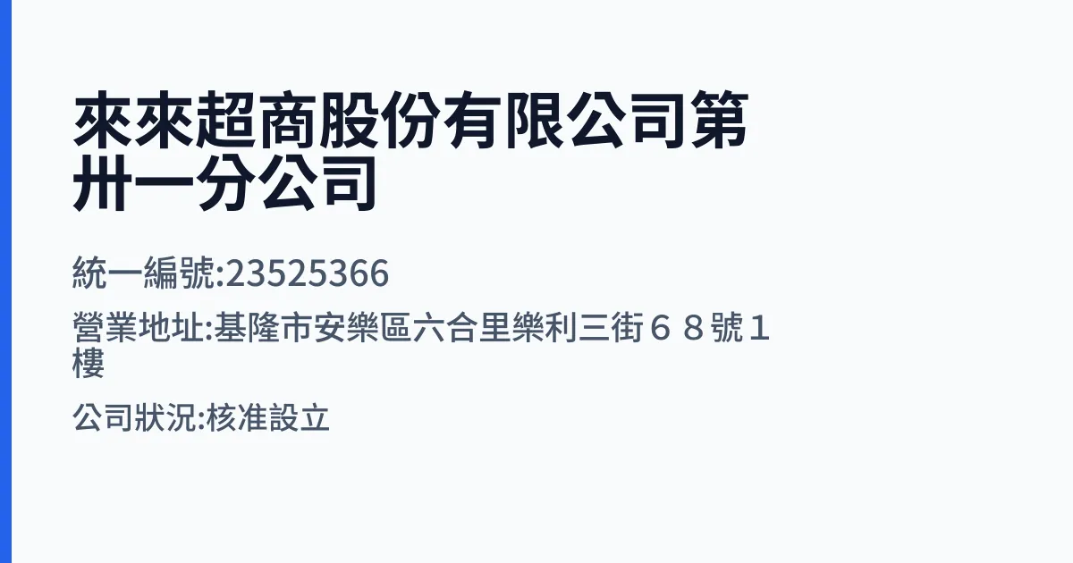 來來超商股份有限公司第卅一分公司 - 統編 23525366(基隆市) 公司登記資料與營業項目詳細圖表